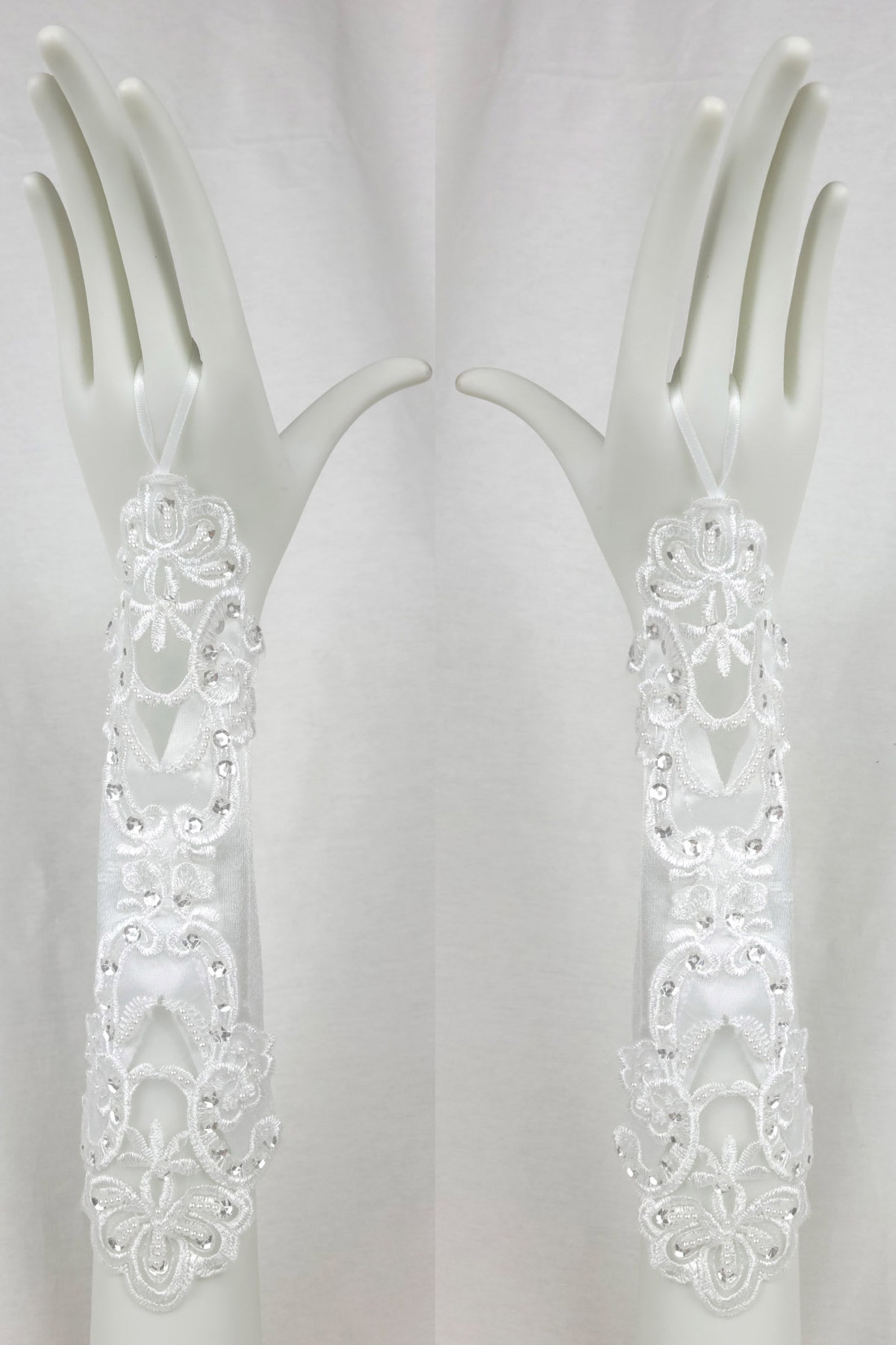 Pair of Sheer Lace and Satin Fingerless Evening Gloves With Sequins and ...