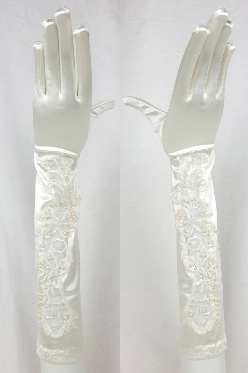 Pair of Long Satin Gloves With Lace, Pearls, Beading. One Size Fits All for Formal Occasions ...