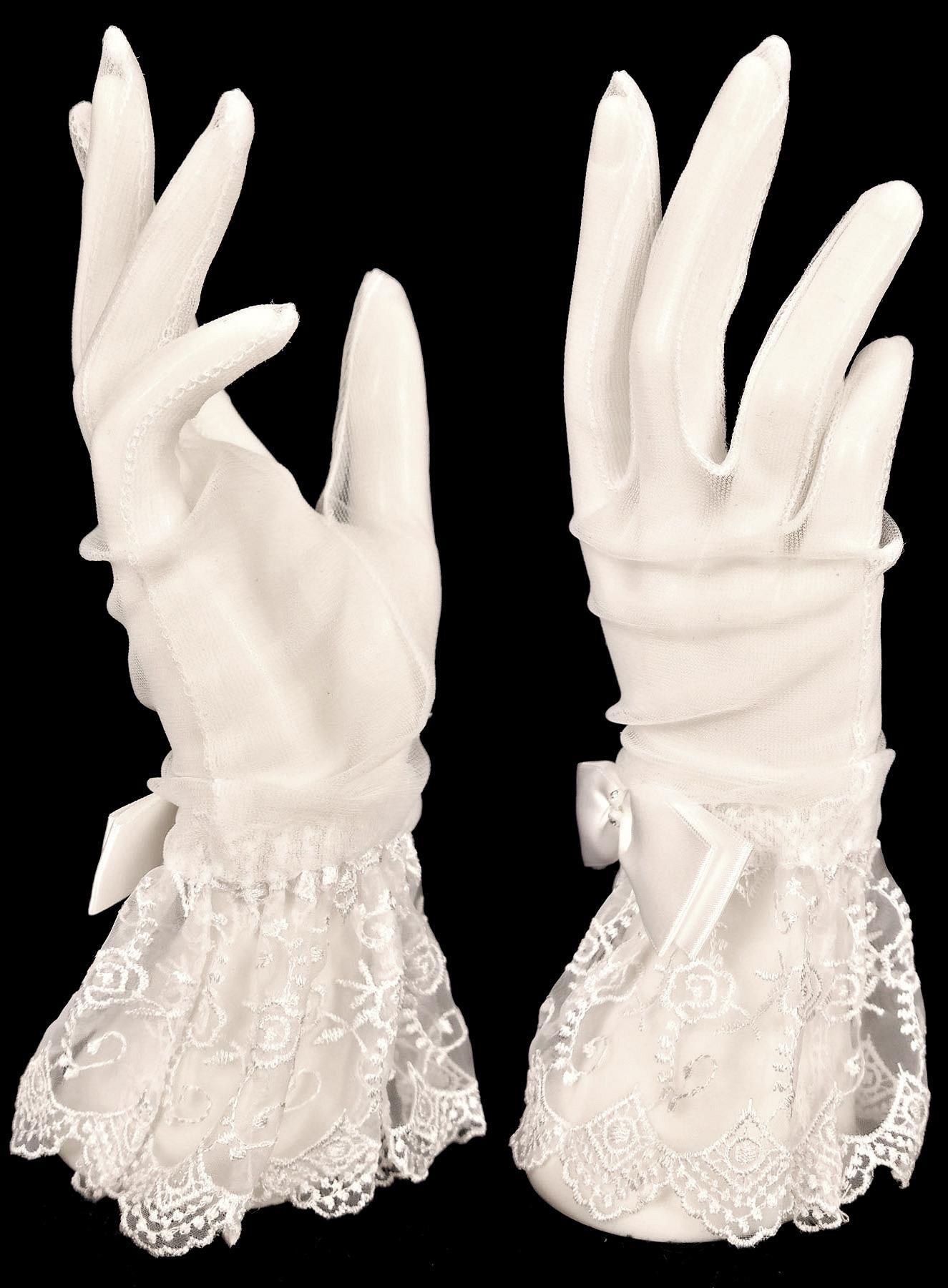 Pair of Sheer Lace Formal Occasion Victorian Evening Gloves With Bow ...