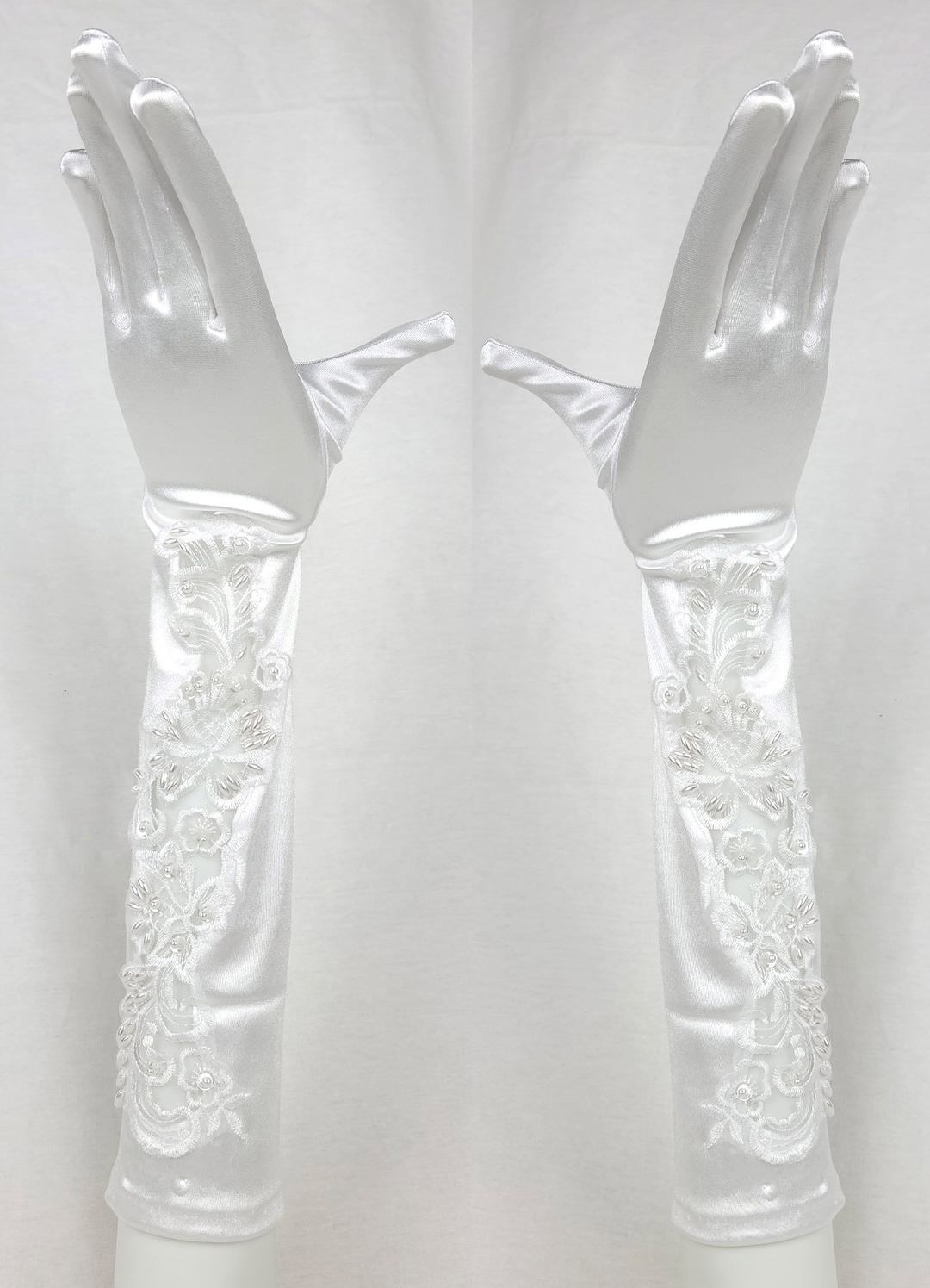 Pair of Long Satin Gloves With Lace, Pearls, Beading. One Size Fits All ...