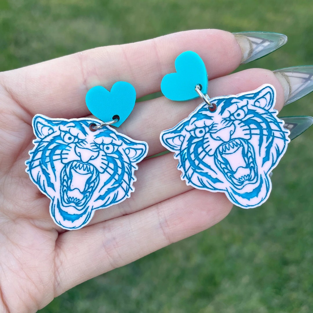 Pink and Blue Tiger Face Earrings - Etsy
