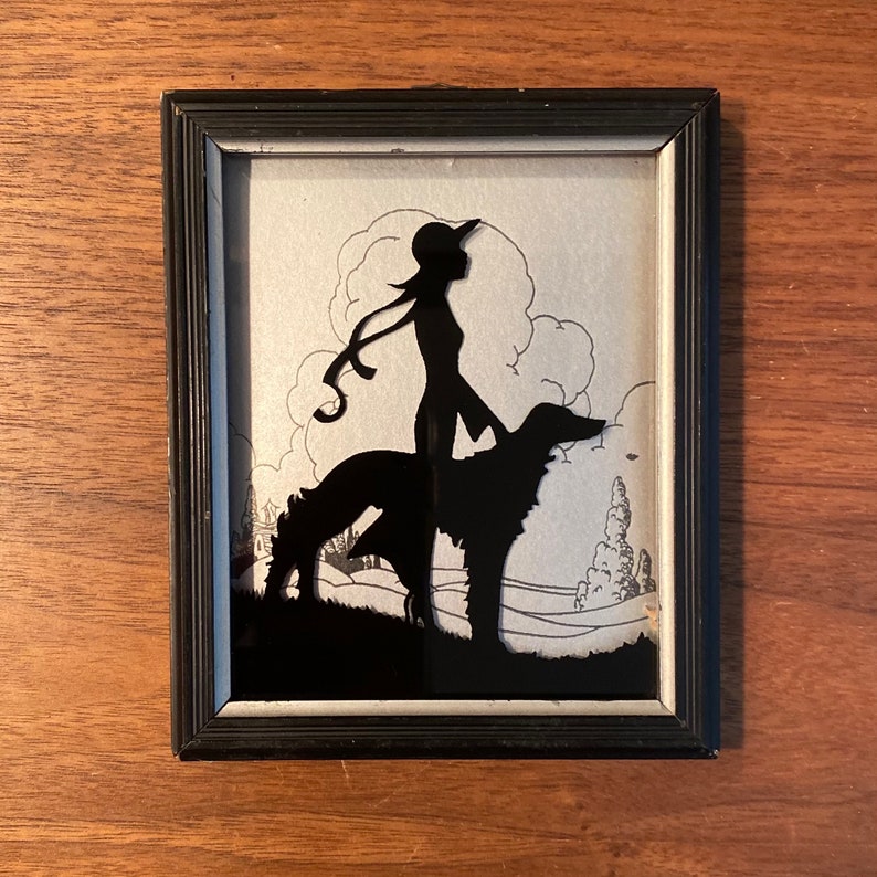 Art Deco Reverse Silhouette Painting Woman With Dog 1930s Small Ready ...