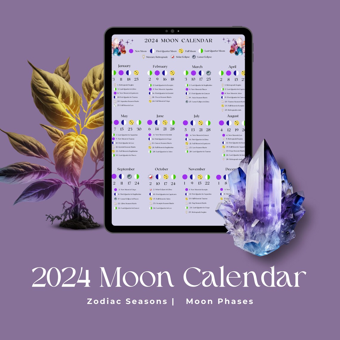 Moon Calendar 2024 Printable Moon Cycle 2024 Moon Calendar Printable ...