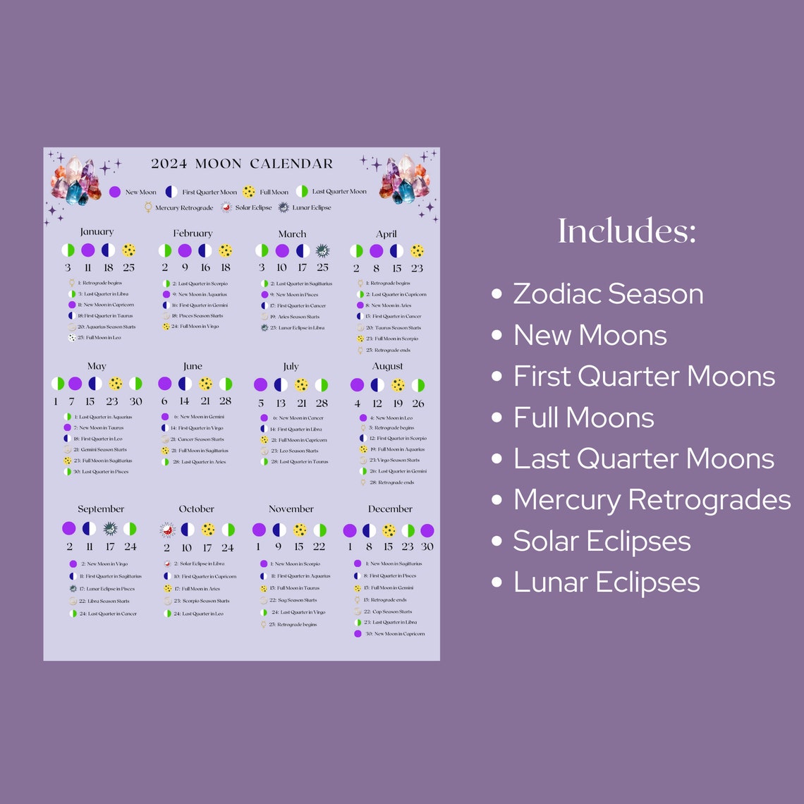 Moon Calendar 2024 Printable Moon Cycle 2024 Moon Calendar Printable ...