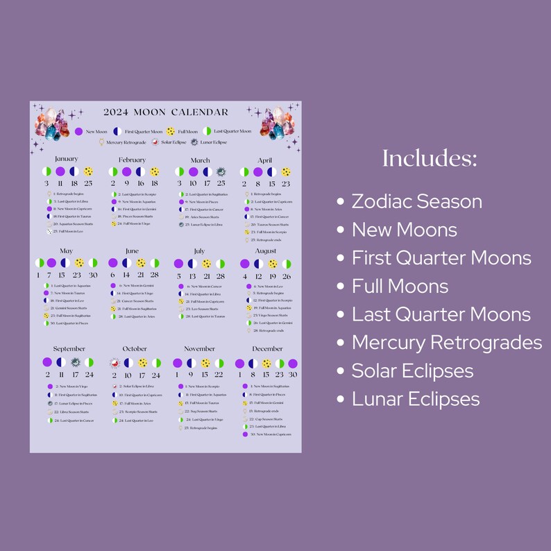 Moon Calendar 2024 Printable Moon Cycle 2024 Moon Calendar Printable Moon Phase Calendar ...