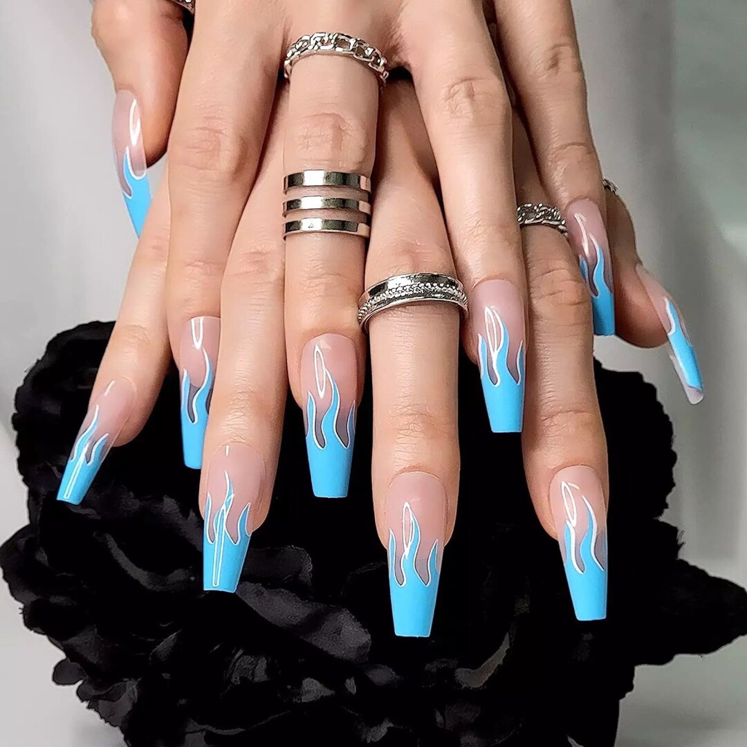Blue Flame Nails Blue Press on Nails Blue Fake Nails - Etsy