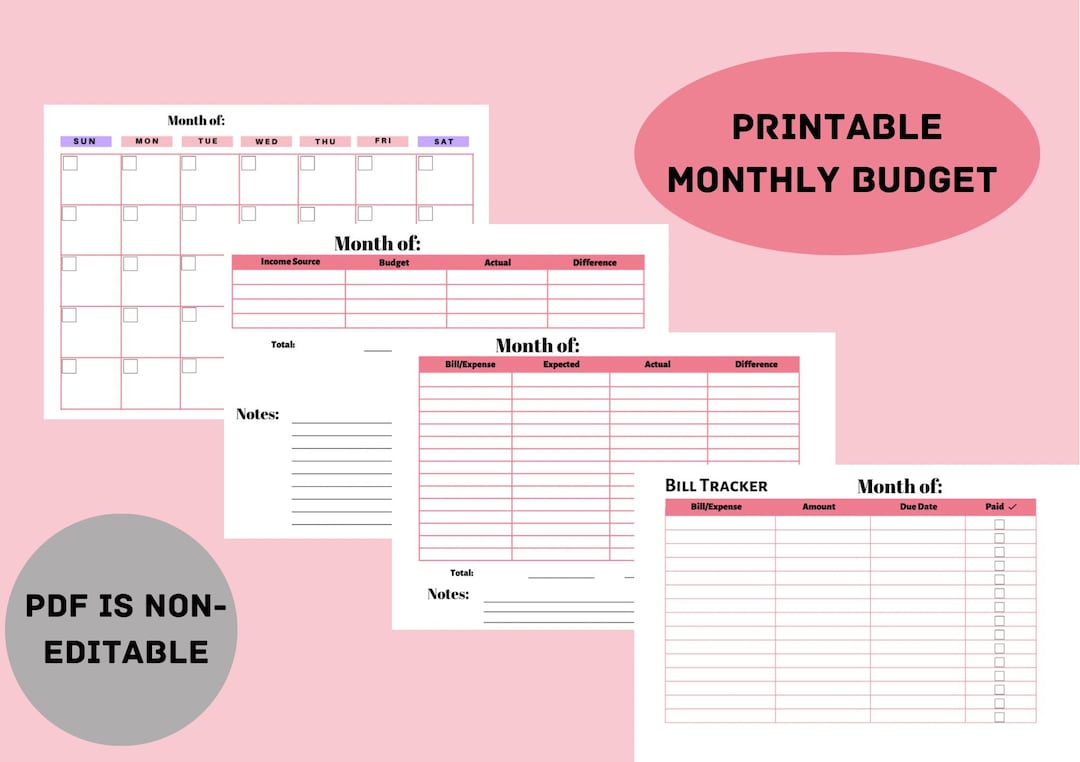 Printable Monthly Budget Plan - Calendar, Income Budget, Bill/expense ...