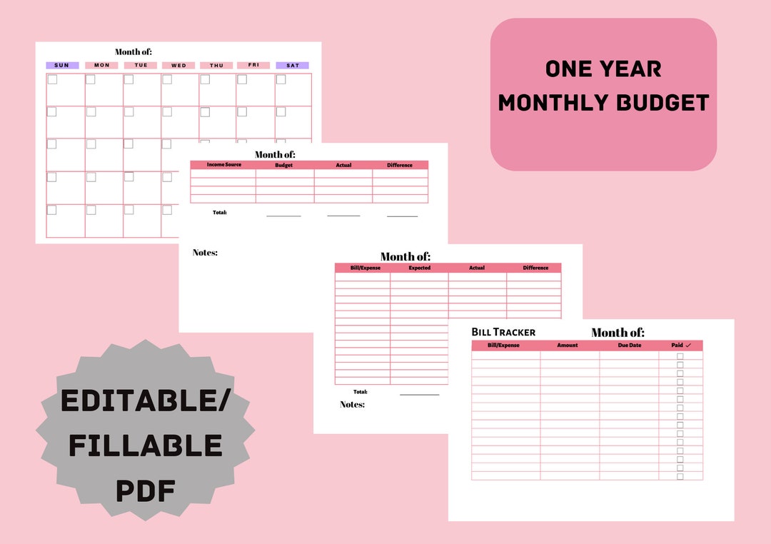 Digital One Year Monthly Budget Plan, Fillable PDF, Undated Calendars ...