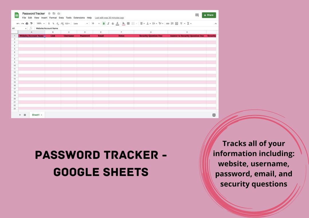 Password Tracker on Google Sheets, Spreadsheet Tracker for Accounts ...