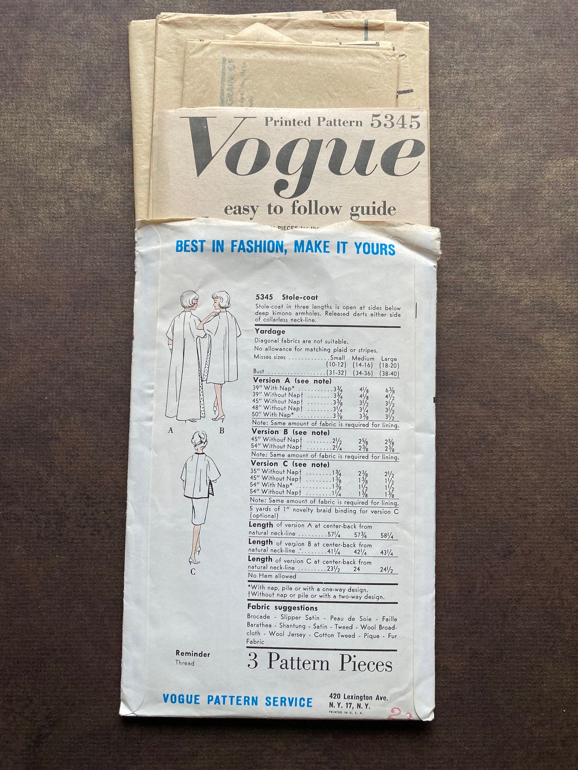 RARE Vintage Vogue Sewing Pattern 5345 Stole Coat Size 14-16 - Etsy