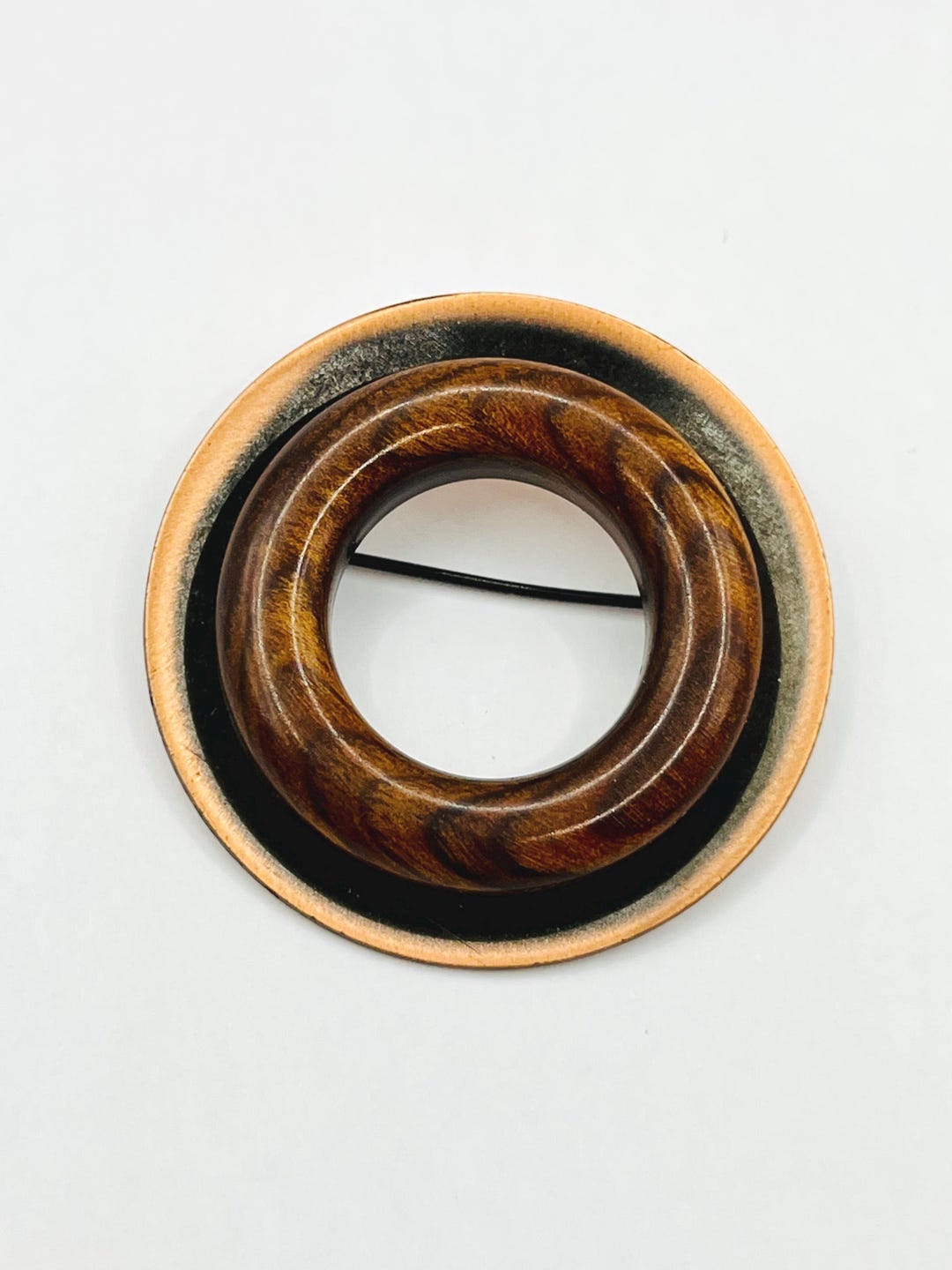 Vintage Wood & Copper Modernist Brooch ~ 1950s Mid Century Circle Pin ...