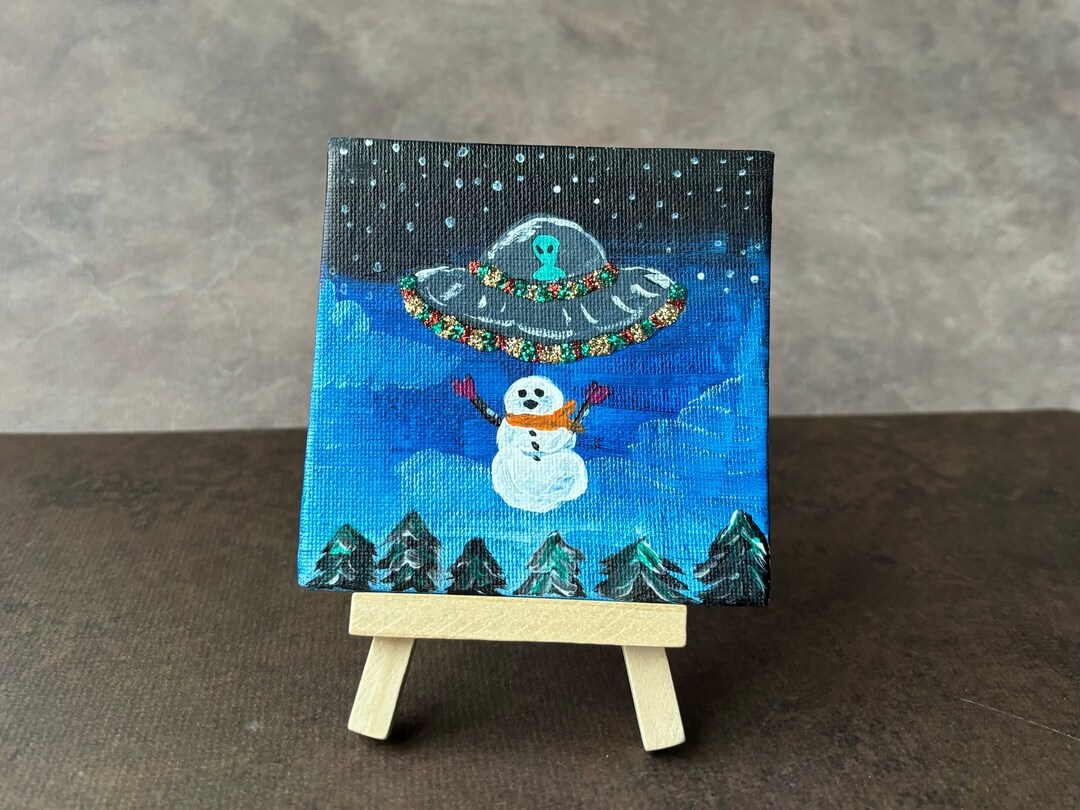 Original 4X4 Acrylic Holiday Alien Snowman Abduction Painting With ...