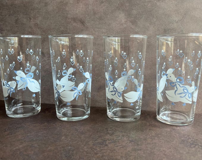 Vintage Libbey Drinking Glasses Country White Goose / Geese Blue Ribbon ...