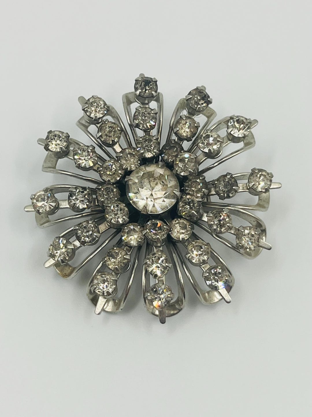 Vintage MCM Flower Starburst Clear Rhinestone Brooch Pin - Etsy