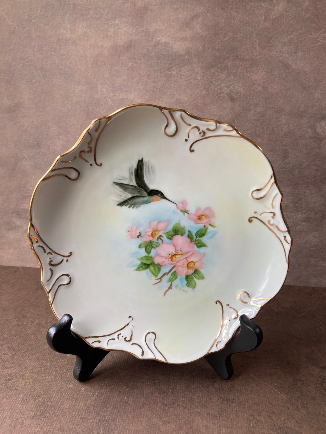 Vintage Hummingbird Plate With Gold Trim Hand Painted by Rose Ricinak ...