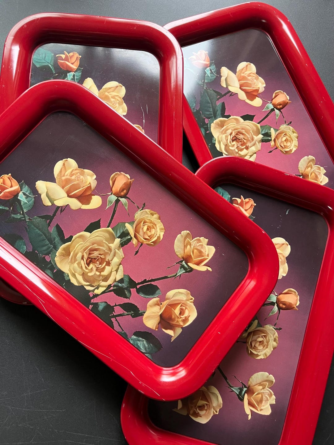 Vintage 1950's Red Metal Yellow Roses Tray Set of 4 - Etsy