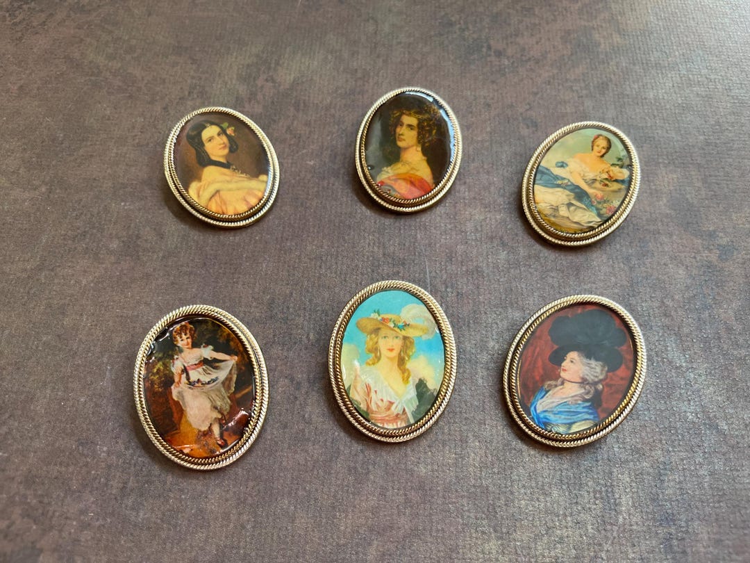 Vintage Acrylic Portrait Brooches – Gold Tone Cameo Pins, Romantic Lady ...