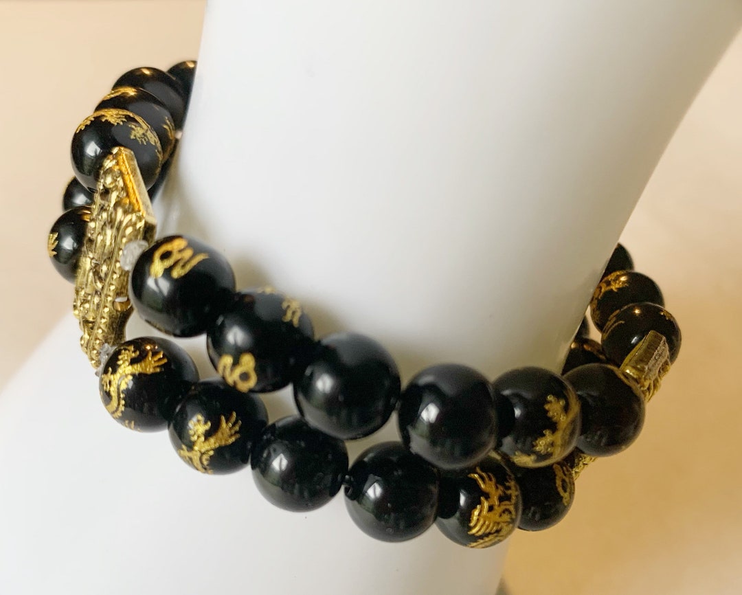 Onyx With Golden Dragon Symbols and Golden Accents Energy Gemstone Duo ...