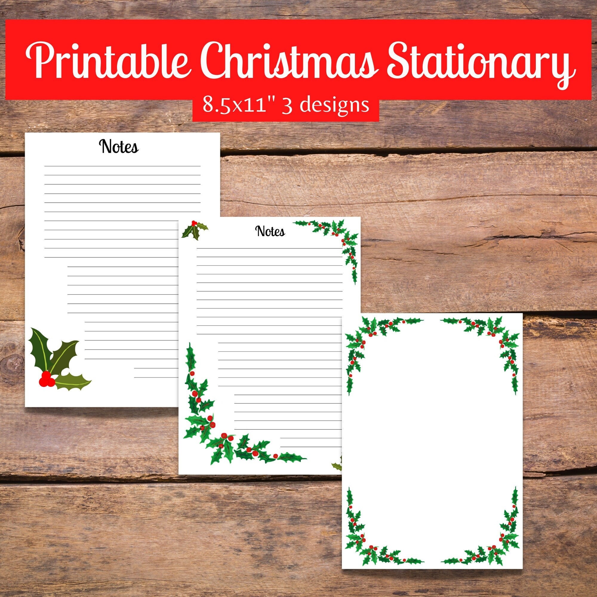 Poinsettia Printable Note Paper, Printable Christmas Stationary, US ...