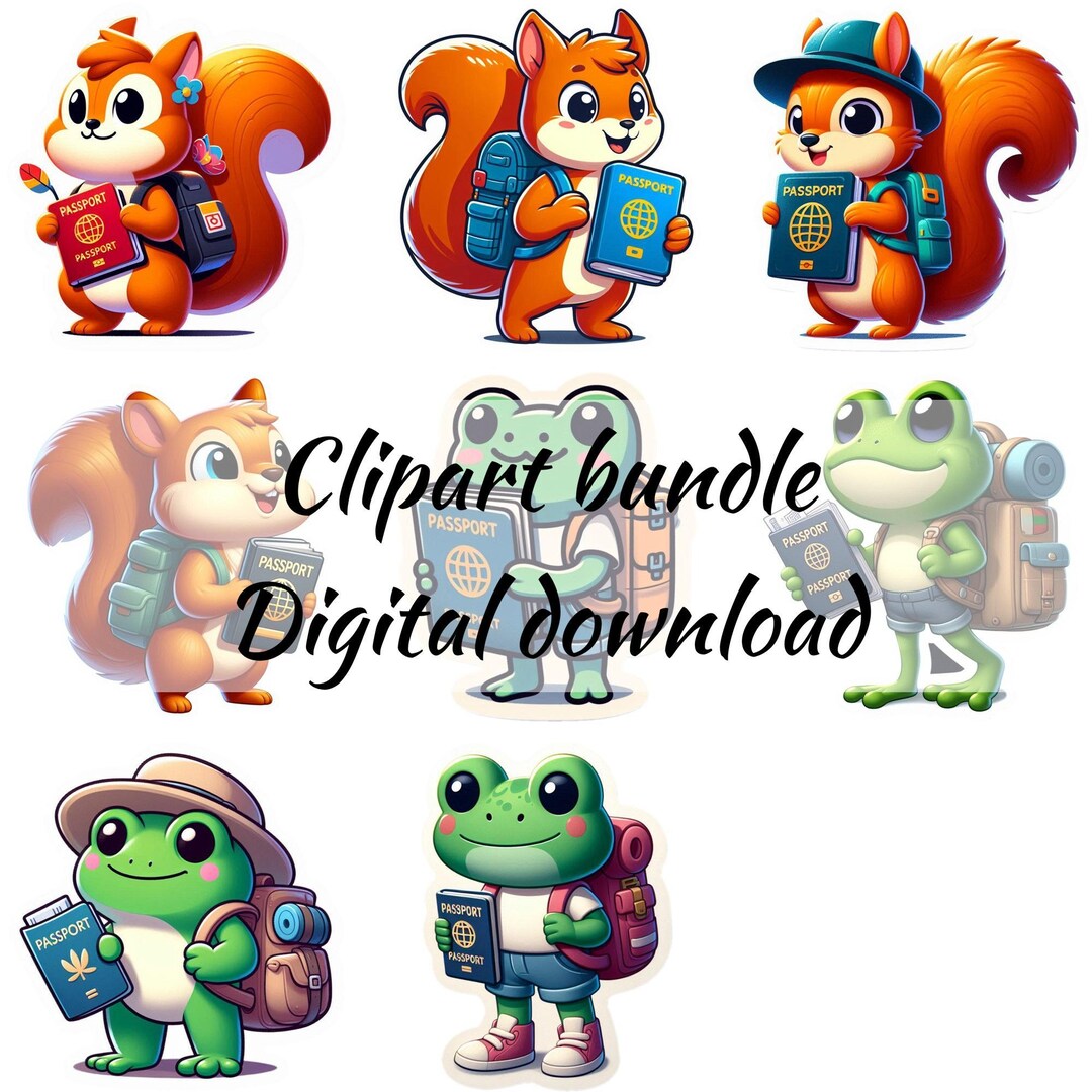 Frog and Squirrel Whimsical Clipart Bundle: Cartoon Passport Designs ...