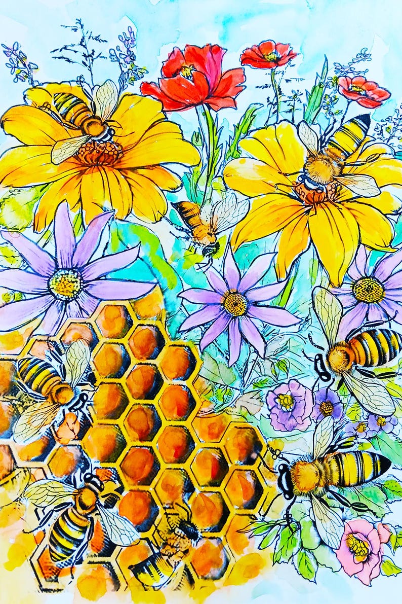 Watercolor Original Art 8 X 10" Hand Painted HONEY BEES With Flowers ...