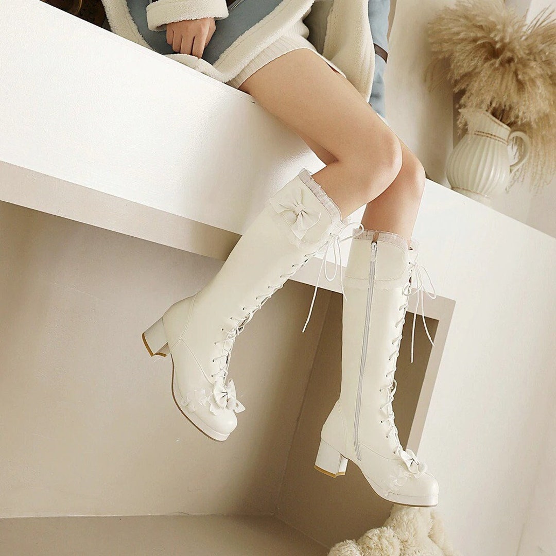 Princess Lolita Party Winter Knee Boots Platform Shoes Cross Tied Bow ...