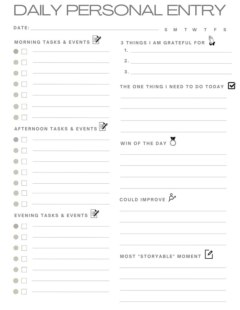 Daily Personal Entry, Instant Printable Download, Minimal Productivity ...