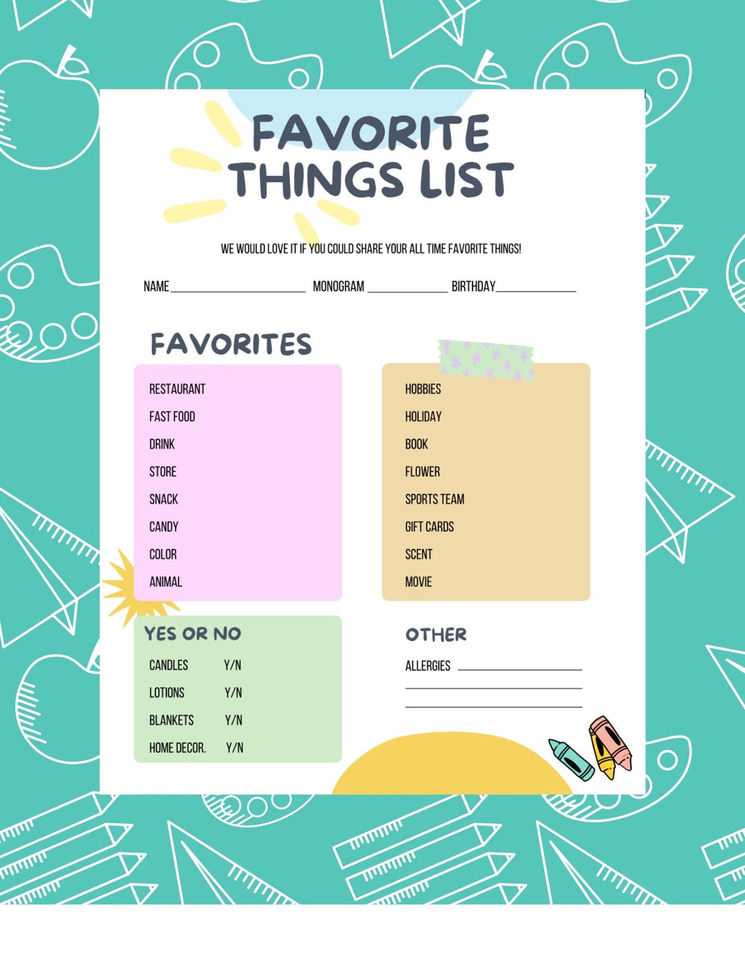 Favorite Things List Fillable Favorite Things List Co-worker ...