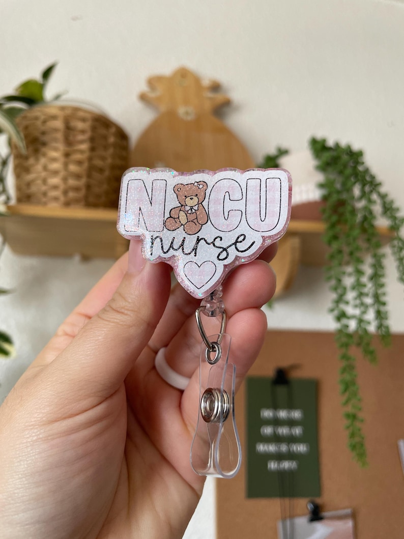 Gingham NICU Nurse Badge Reel, Gift for Neonatal ICU Nurse, Bear ...