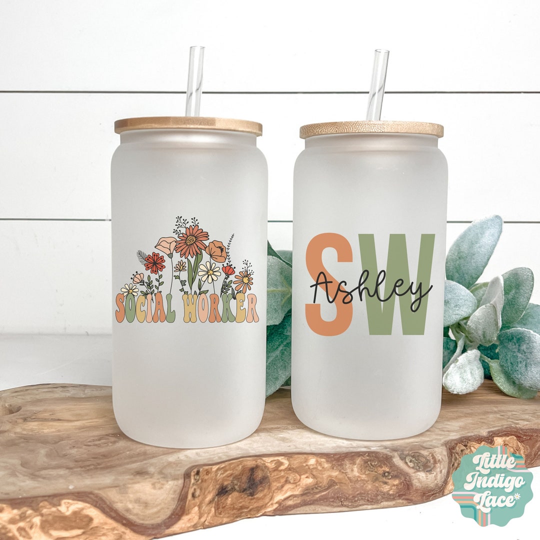 Personalized Social Worker Tumbler, LCSW Iced Coffee Glass Can 16oz ...