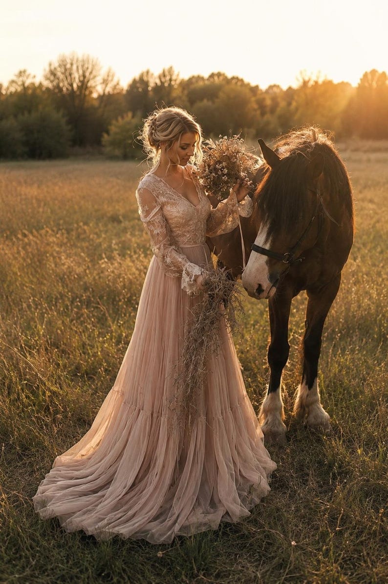 Bohemian Lace Wedding Dress | Long Sleeve Blush Pink Bridal Gown ...