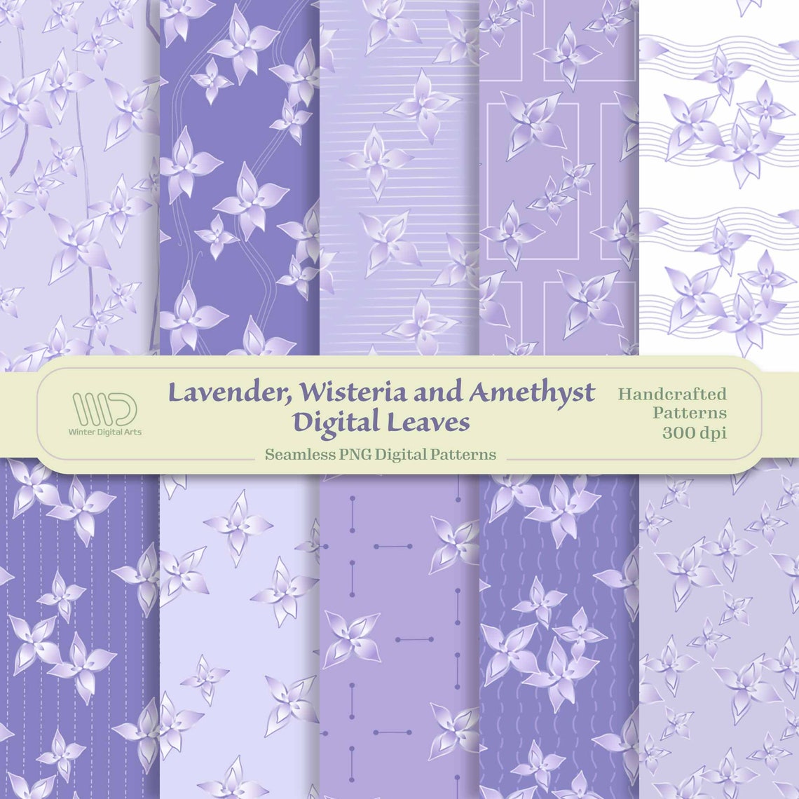 Seamless Digital PNG Patterns of Leaves and Rules in Lavender, Thistle, Lilac & Amethyst Great ...