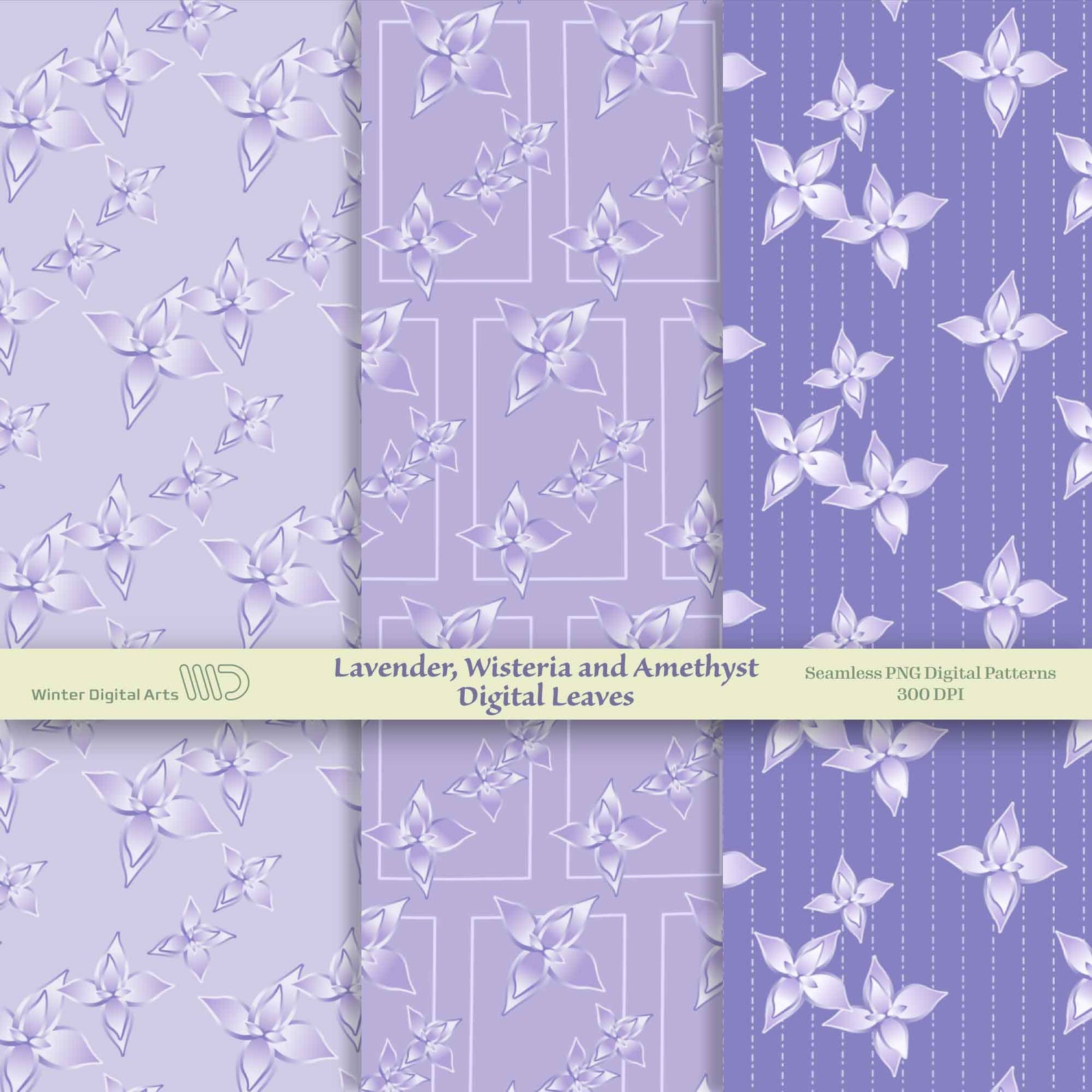 Seamless Digital PNG Patterns of Leaves and Rules in Lavender, Thistle ...