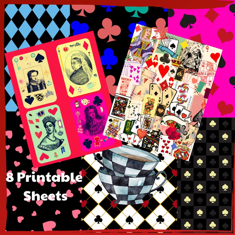 Printable Playing Cards Design, Patterned Journal Paper, Hearts, Spades ...