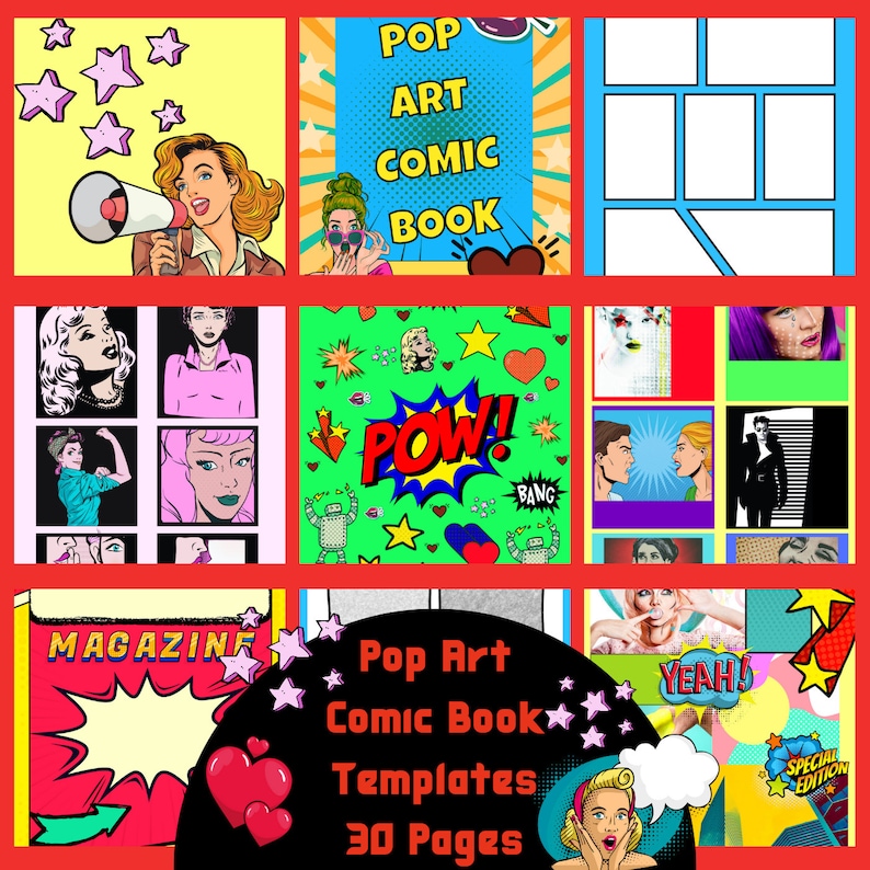 Pop Art Comic Templates, Digital Download Prints, DIY Craft, Journaling ...