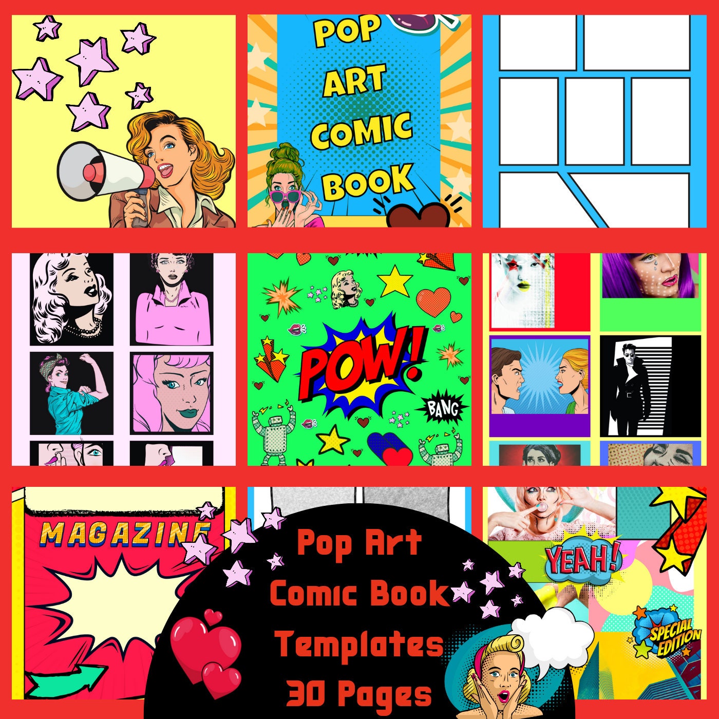 Printable Pop Art Comic Templates, Digital Download Prints, DIY Craft ...