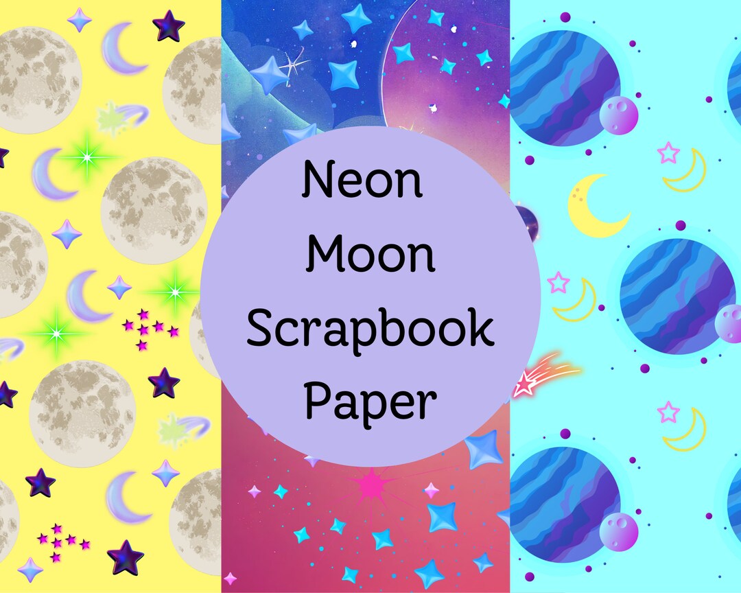 Neon Moon Digital Paper, Printable Moon, Celestial, Stars, Moon, Card ...