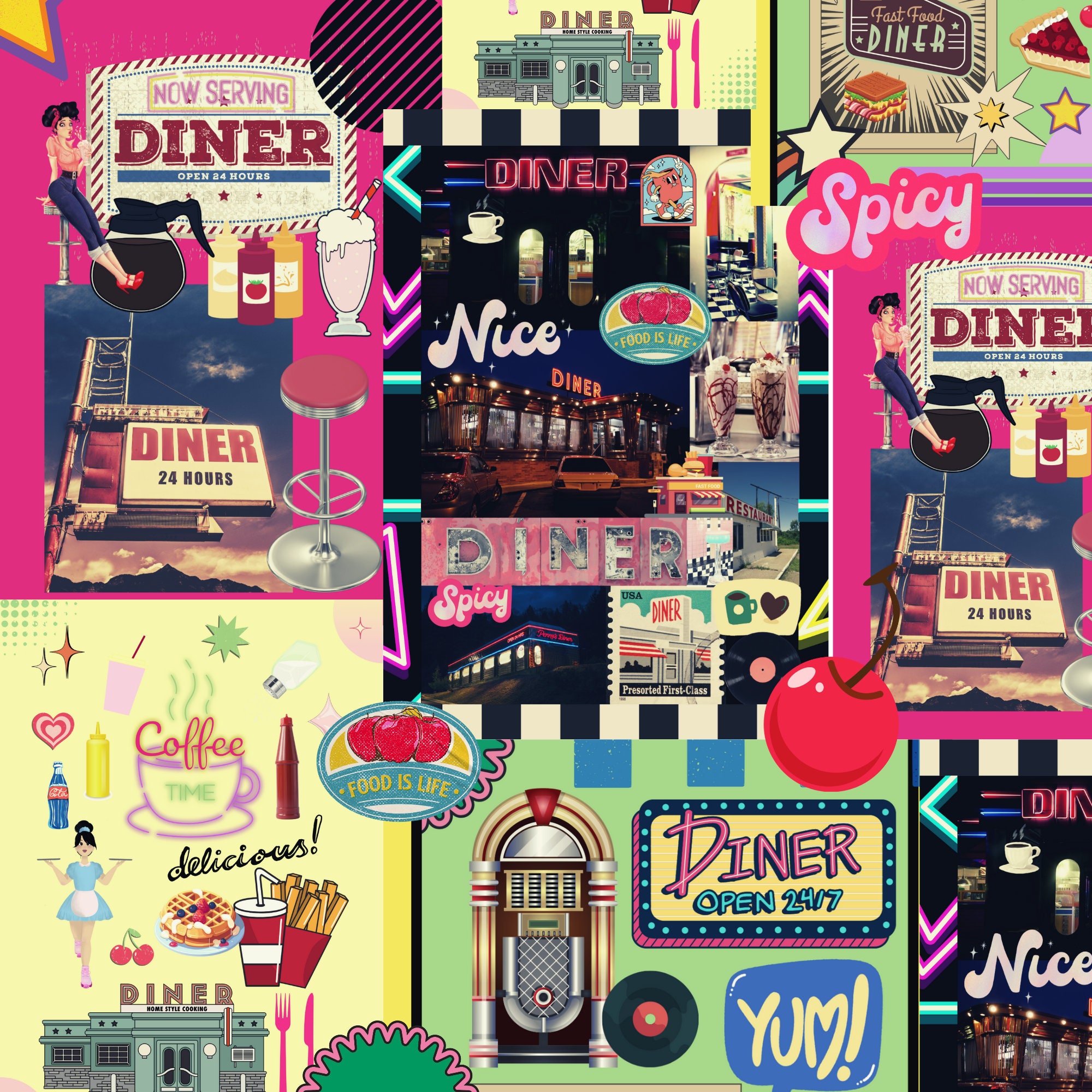 50s Retro Diner Prints, Collage Sheets, Backgrounds, Digital Paper - Etsy