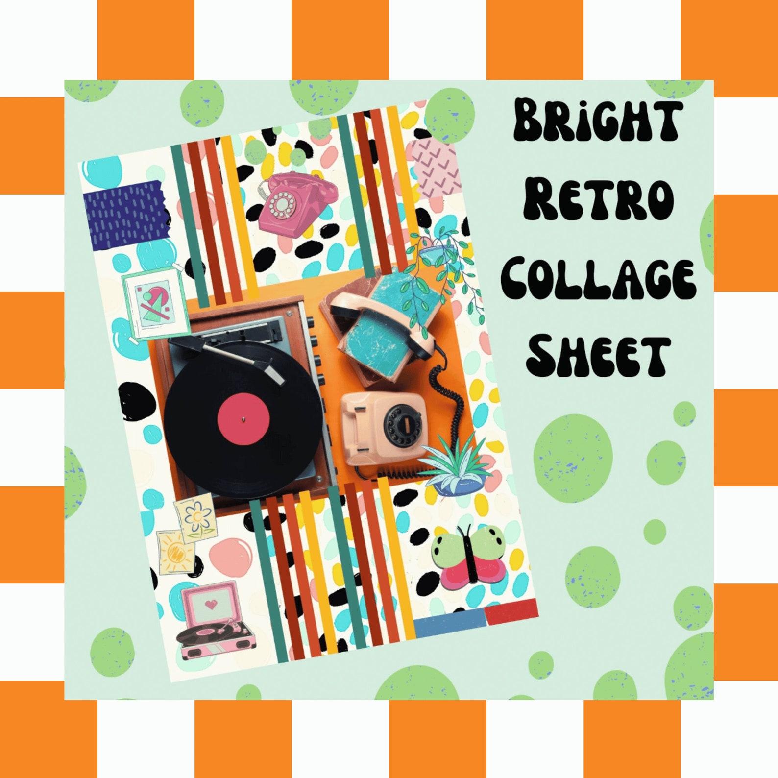 Retro Collage Sheet, Digital Print, Record Player Background, DIY Craft ...