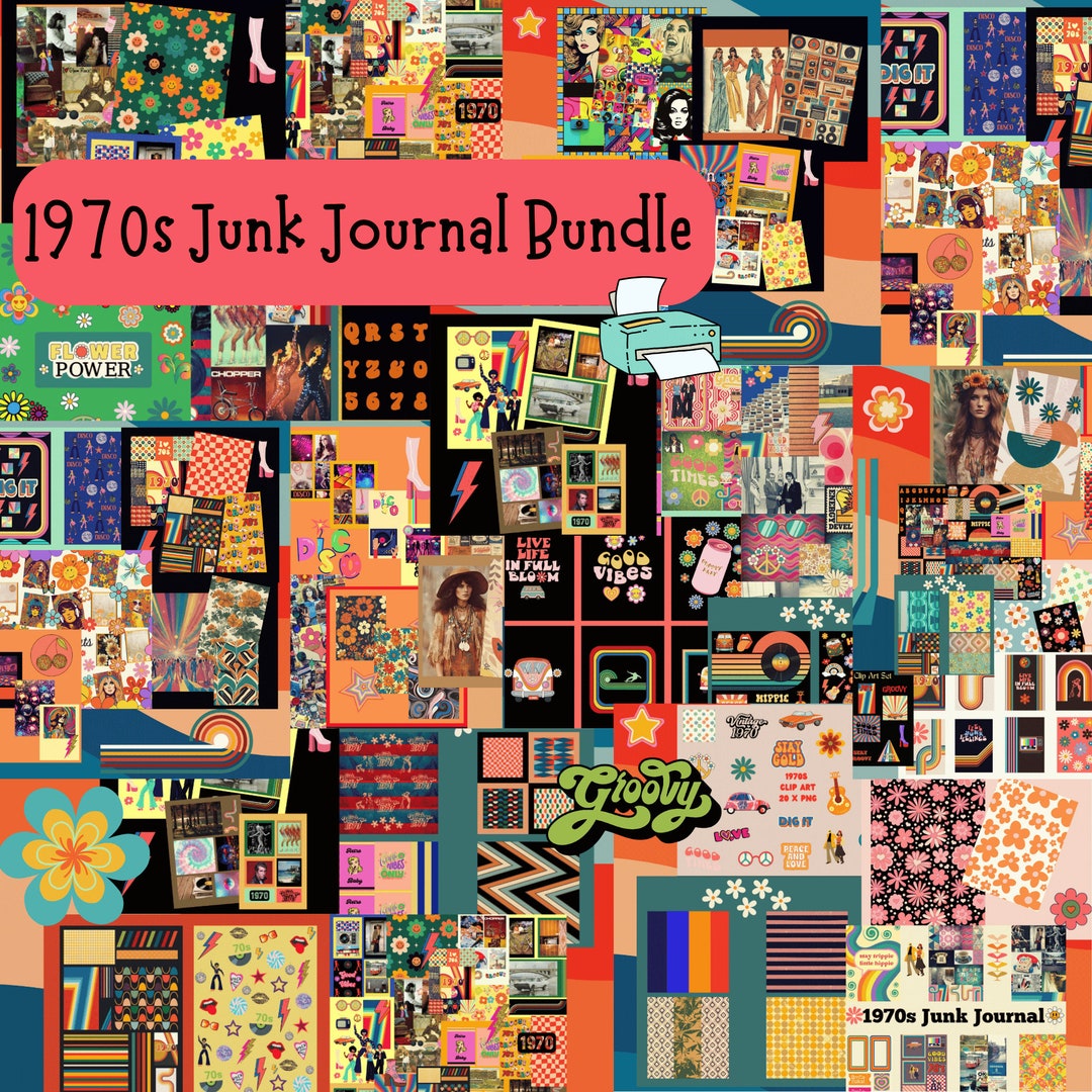 Printable 1970s Junk Journal Kit, Bundle, Scrapbooking, Retro Vintage