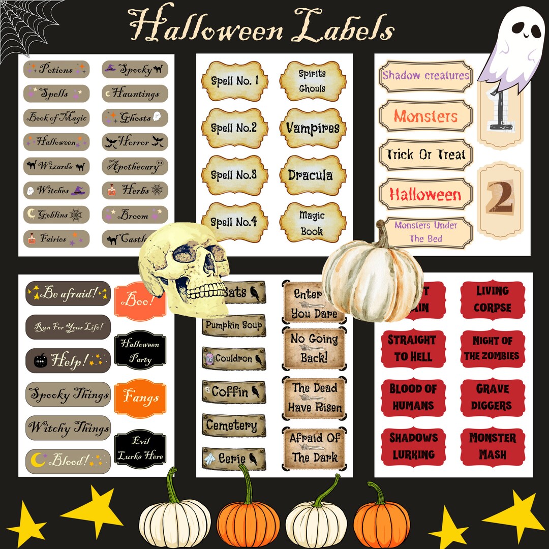 Printable Halloween Labels, PNG, PDF, DIY Craft, Fussy Cuts, Digital ...
