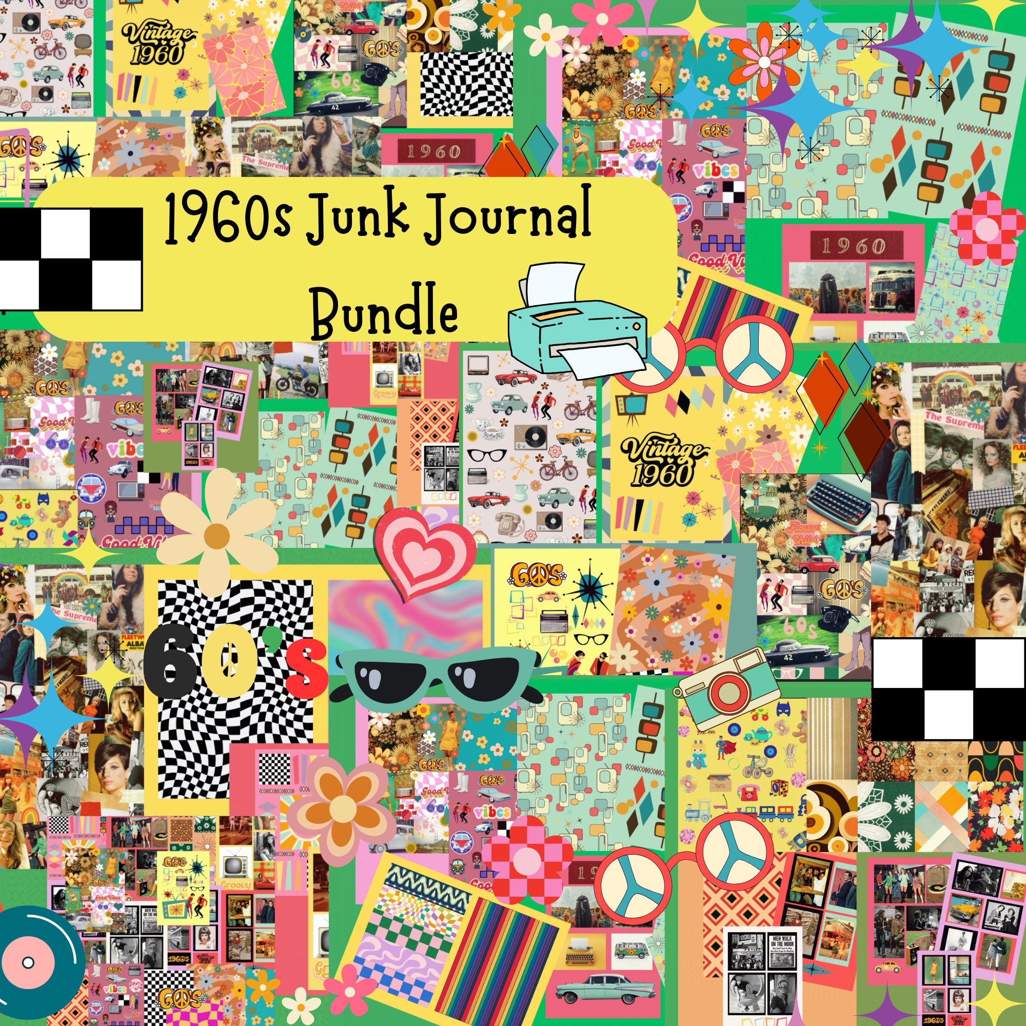 1960's Junk Journal Bundle, Digital Paper, Backgrounds, DIY Craft ...