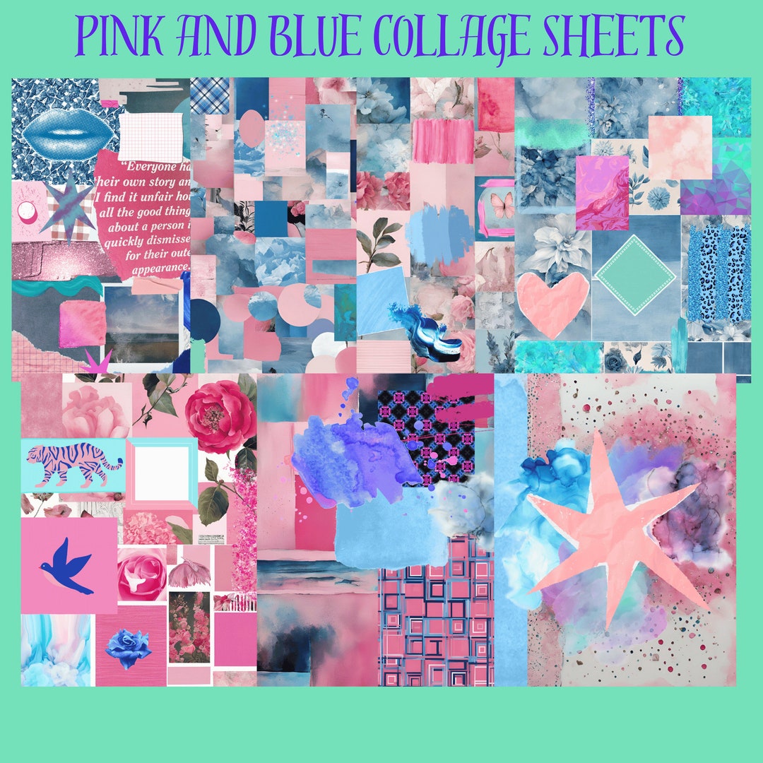 Pink and Blue Collage Sheets, PNG Prints, Digital Paper, Scrapbooking ...