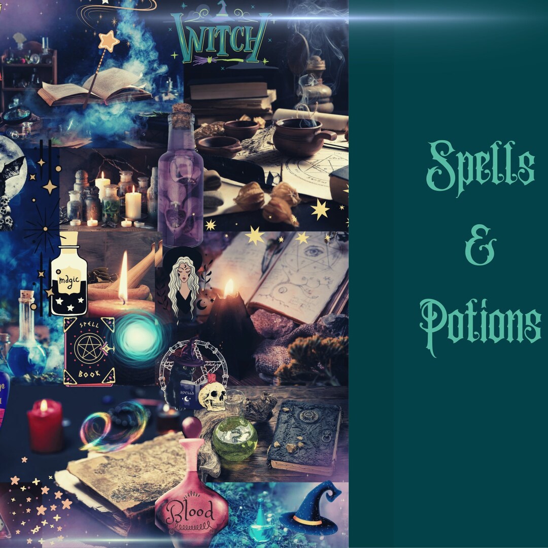 Magic Prints, Digital Paper, Spells and Potions, Witchy, Celestial, PNG ...