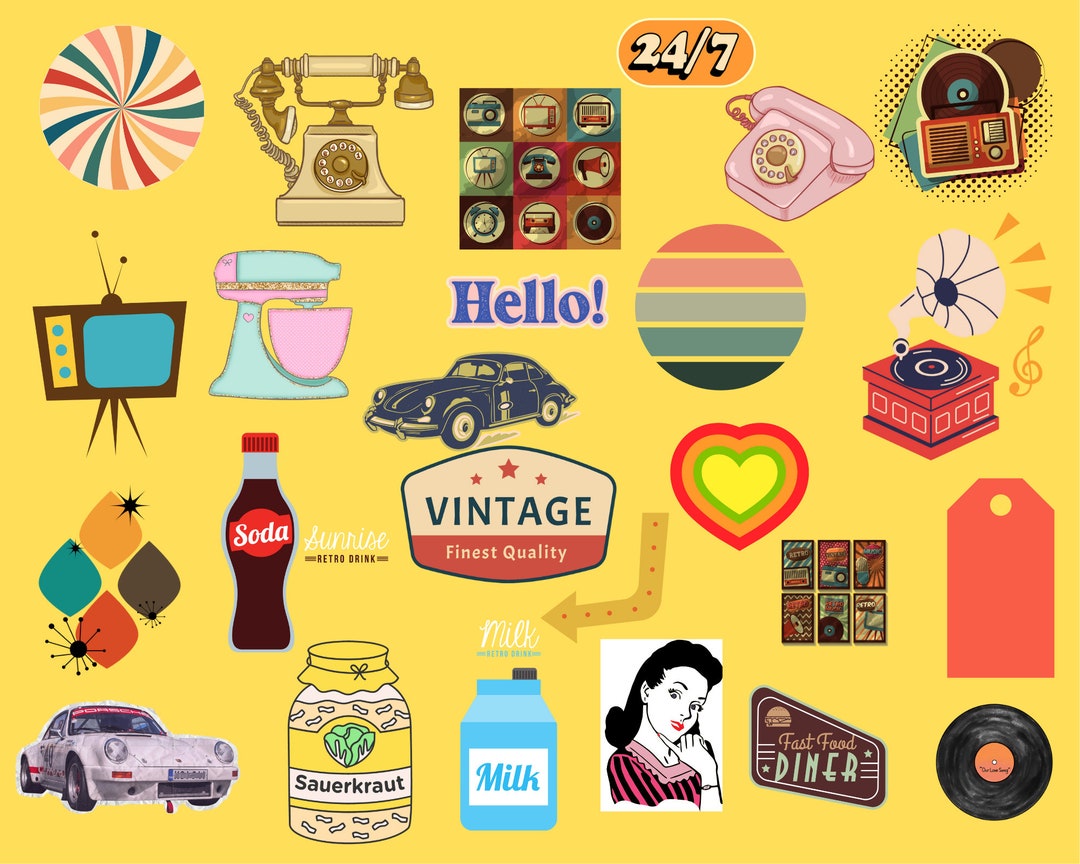 Vintage Retro Clip Art Set, Vintage Images, Retro Journal Art ...