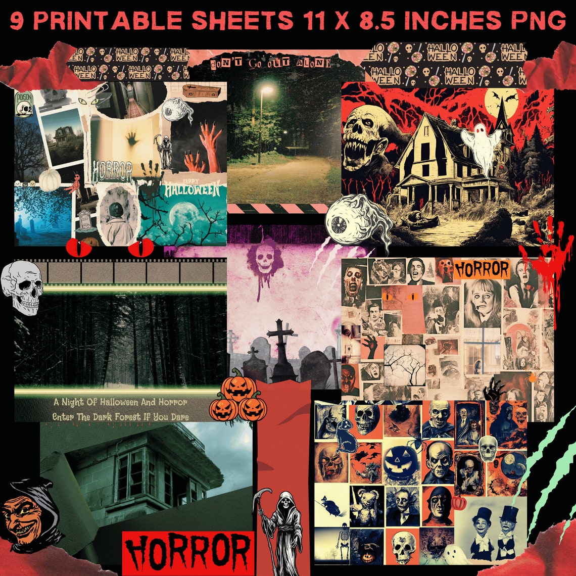 Printable Horror Halloween Scrapbook Kit, Junk Journal, Backgrounds ...