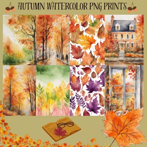 Autumn Watercolor PNG Prints, Fall Backgrounds, DIY Craft, Digital ...