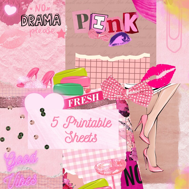 Pink Journal Papers, Digital Prints, Pink Collage, Scrapbooking ...