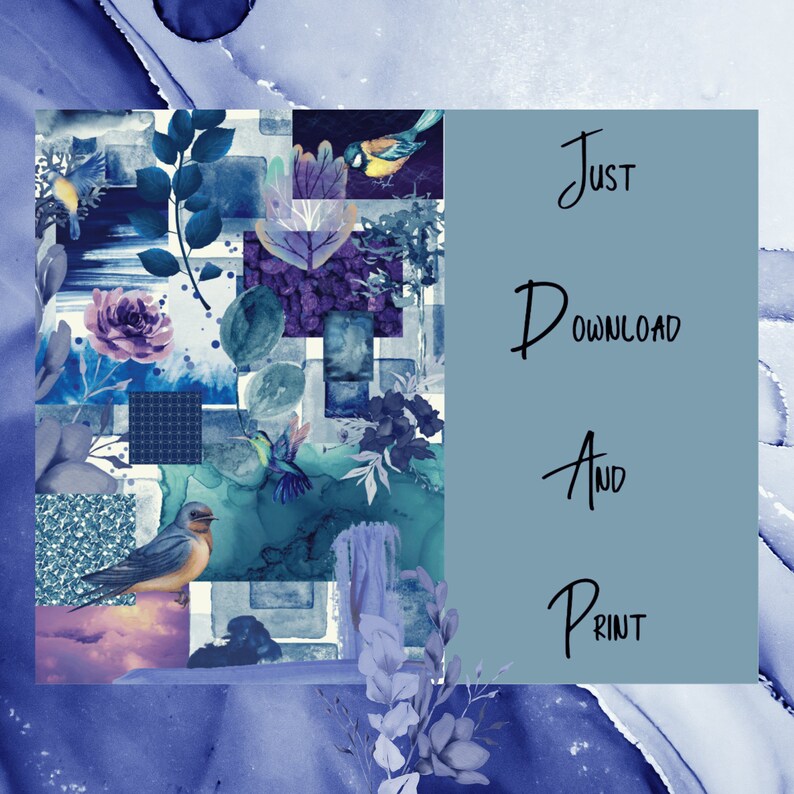 Hoja de collage de pájaros índigo, scrapbooking, impresión digital ...