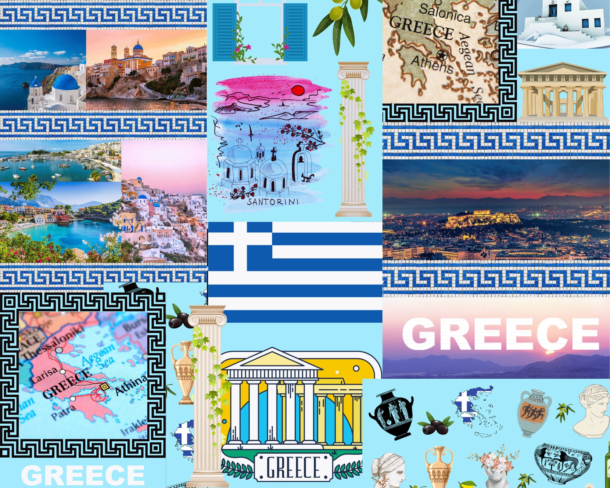 Greece Prints, Greek, Digital Paper, Cut and Collage, DIY Craft, Junk ...